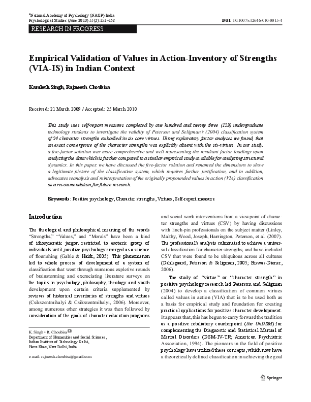 Pdf Empirical Validation Of Values In Action Inventory Of Strengths Via Is In Indian Context