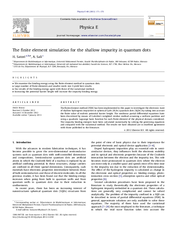 (PDF) The finite element simulation for the shallow impurity in quantum dots