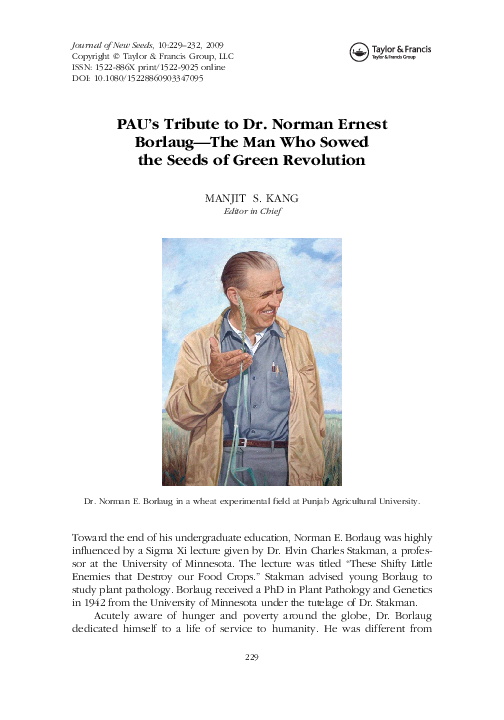 (PDF) PAU’s Tribute to Dr. Norman Ernest Borlaug—The Man Who Sowed the ...
