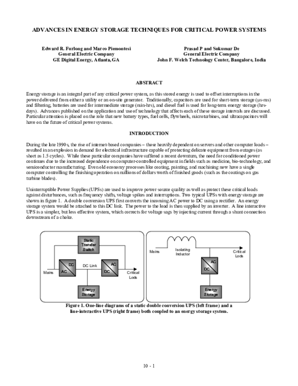 ADVANCES IN ENERGY STORAGE TECHNIQUES FOR CRITICAL POWER SYSTEMS