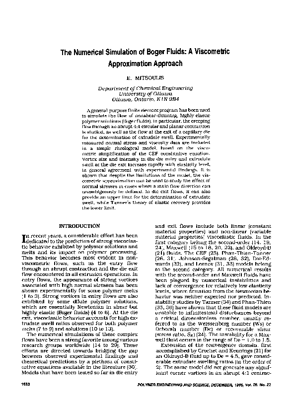 (PDF) The Numerical Simulation of Boger Fluids: A Viscometric Approximation Approach