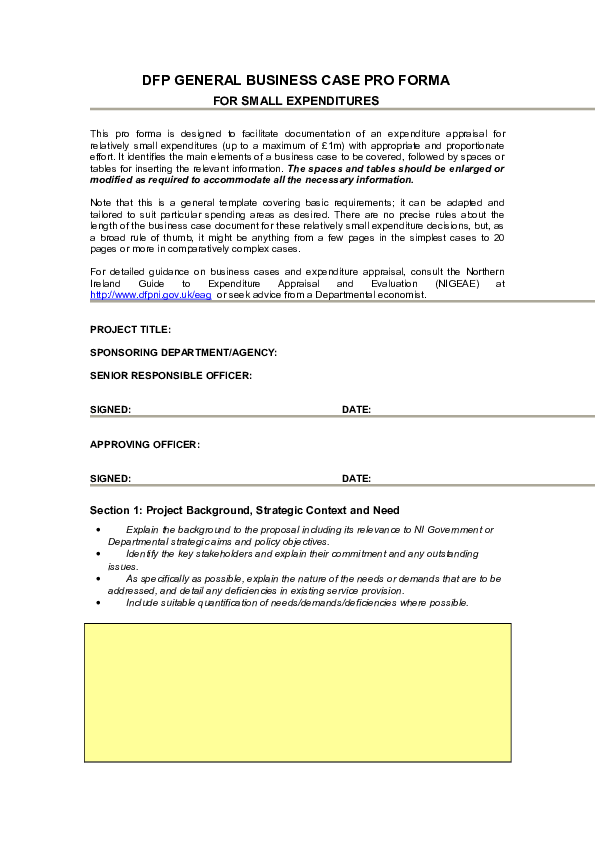 (DOC) DFP GENERAL BUSINESS CASE PRO FORMA FOR SMALL EXPENDITURES