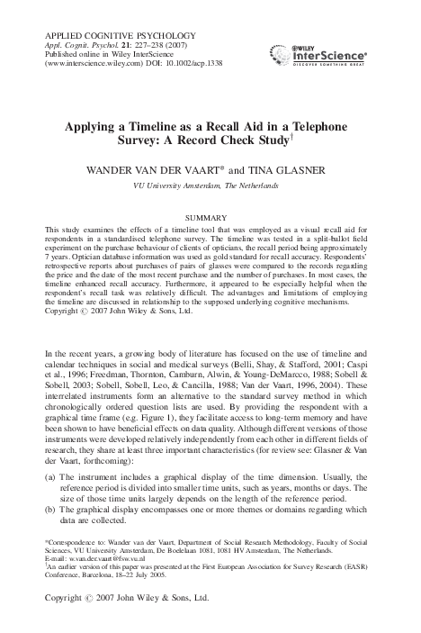 (PDF) Applying a Timeline as a Recall Aid in a Telephone Survey: A ...