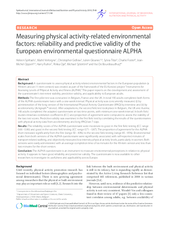 (PDF) Measuring physical activity-related environmental factors: reliability and predictive ...