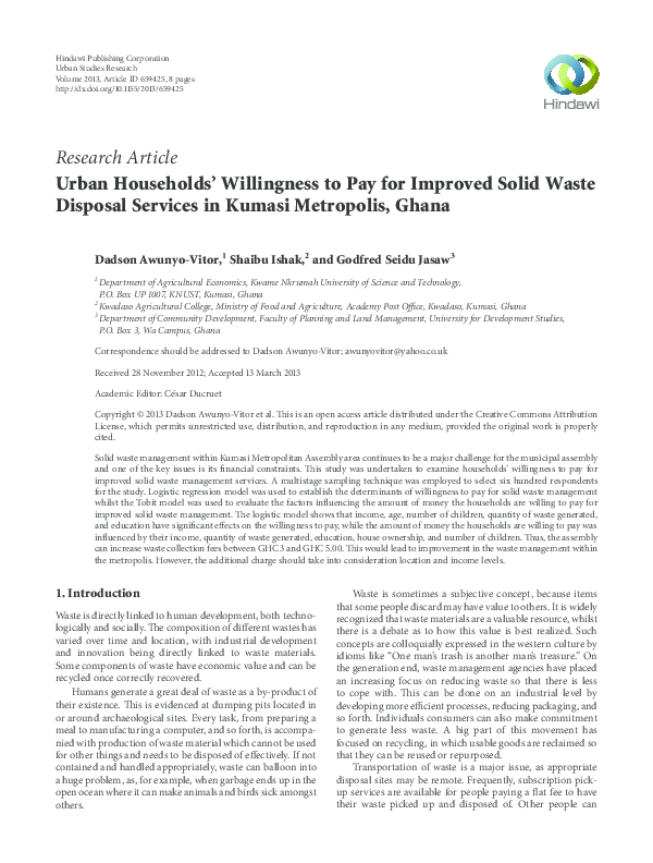 (PDF) Urban Households' Willingness to Pay for Improved Solid Waste Disposal Services in Kumasi ...