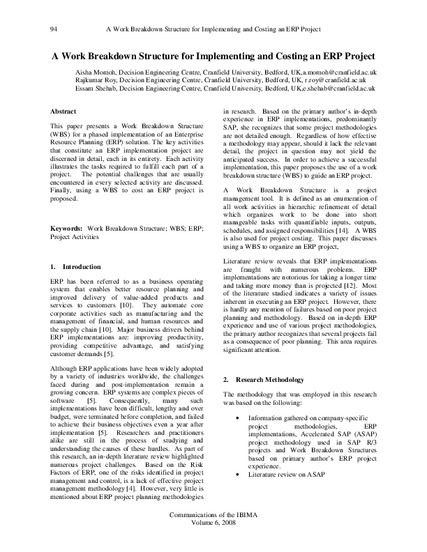 (PDF) A Work Breakdown Structure for Implementing and Costing an ERP ...