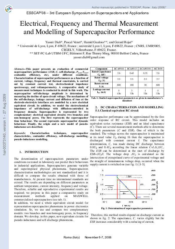 Pdf Electrical Frequency And Thermal Measurement And Modelling Of Supercapacitor Performance