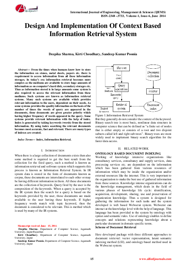 Design And Implementation Of Context Based Information Retrieval System