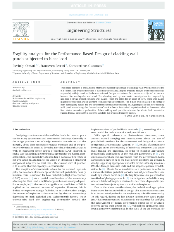 Pdf Fragility Analysis For The Performance Based Design Of Cladding