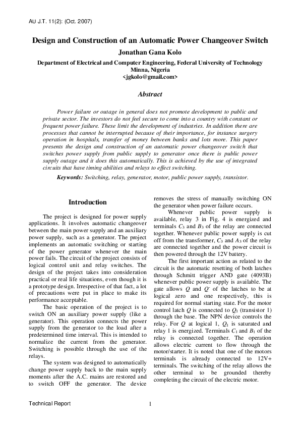 Pdf Design And Construction Of An Automatic Power Changeover Switch