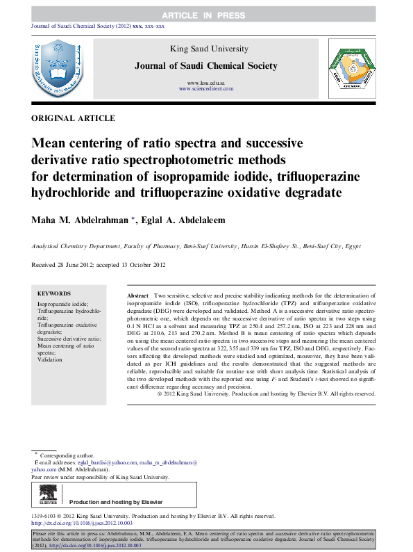 (PDF) Mean centering of ratio spectra and successive derivative ratio ...