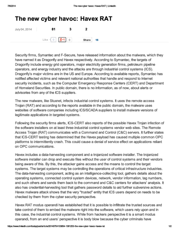 (PDF) The new cyber havoc: Havex RAT