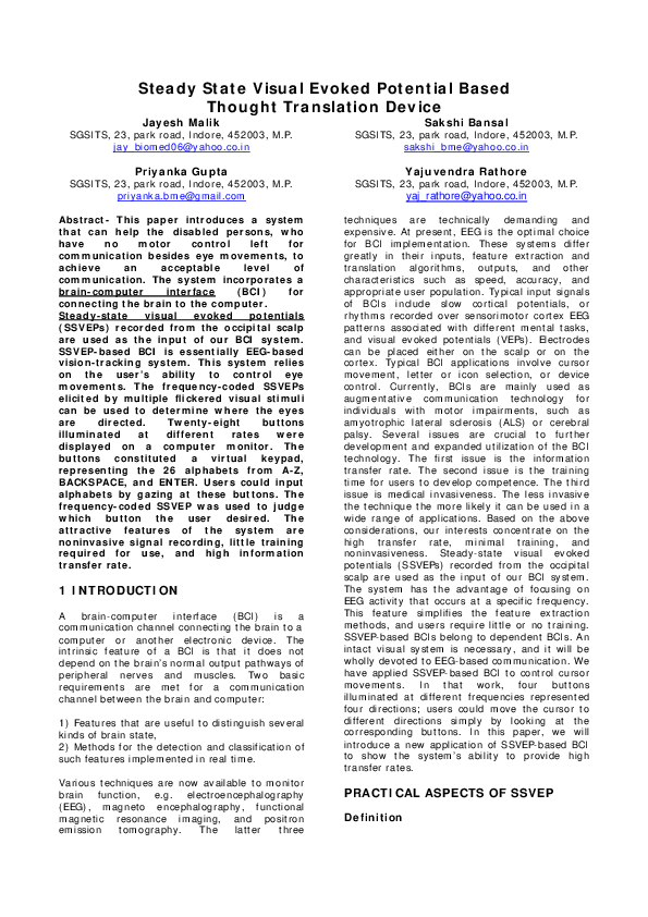 (PDF) Steady State Visual Evoked Potential Based Thought Translation Device