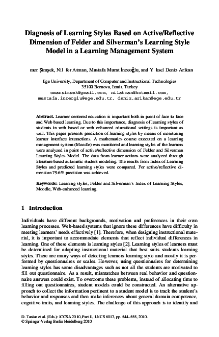 (PDF) Diagnosis of Learning Styles Based on Active/Reflective Dimension of Felder and Silverman ...