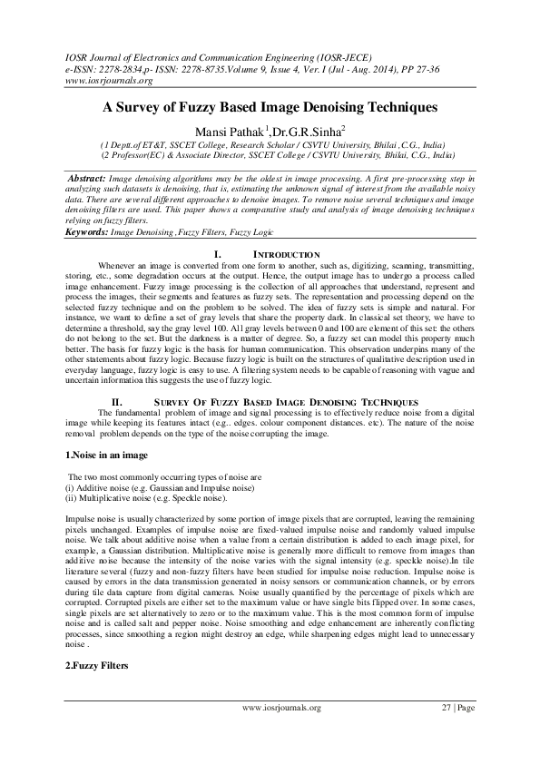 (PDF) A Survey of Fuzzy Based Image Denoising Techniques