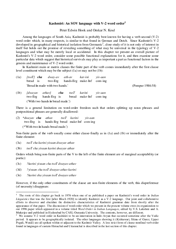 (PDF) Kashmiri: An SOV language with V-2 word order 1