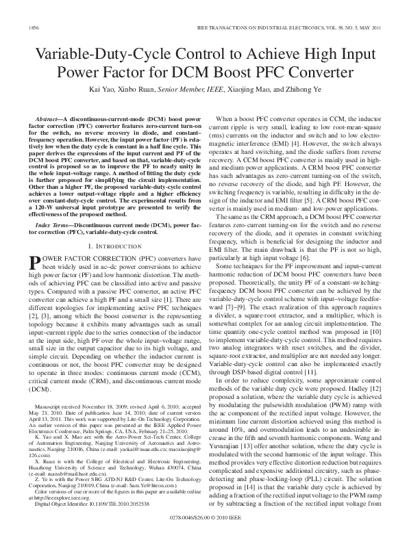 (PDF) Variable-Duty-Cycle Control to Achieve High Input Power Factor for DCM Boost PFC Converter