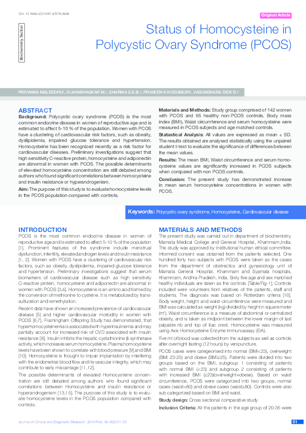 (PDF) Status of Homocysteine in Polycystic Ovary Syndrome (PCOS ...