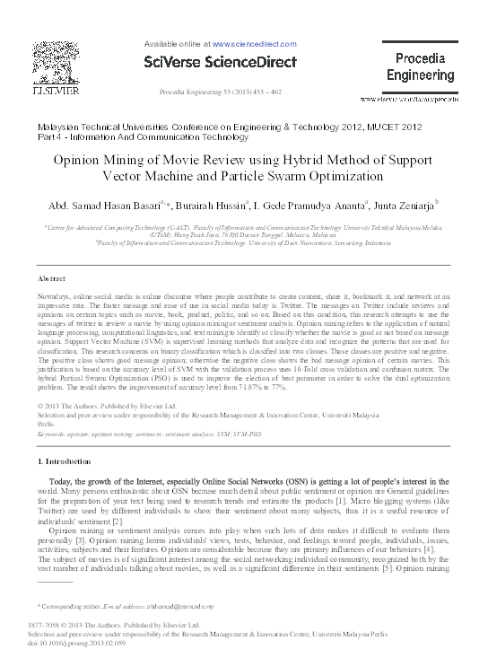 (PDF) Opinion Mining of Movie Review using Hybrid Method of Support Vector Machine and Particle ...