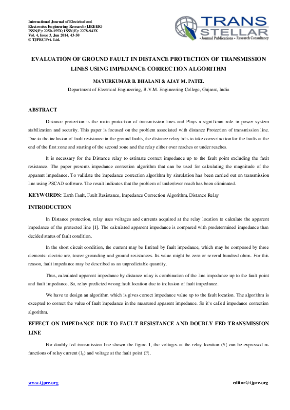 Pdf Evaluation Of Ground Fault In Distance Protection Of Transmission Lines Using Impedance