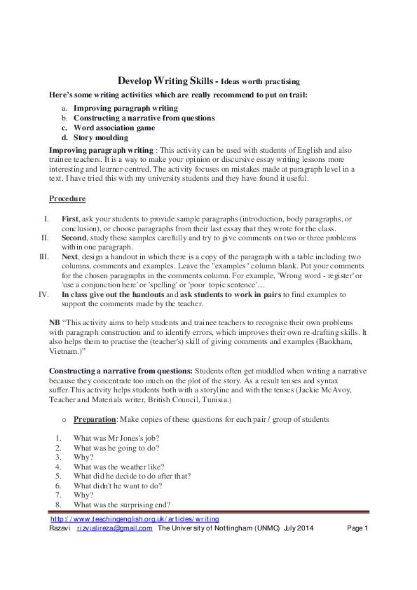 (PDF) develop writing skills- ideas worth practicing in ESL / EFL Classroom