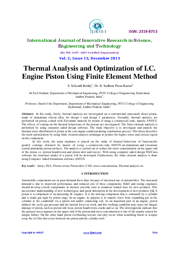 (PDF) Copyright to IJIRSET Thermal Analysis and Optimization of I.C. Engine Piston Using Finite ...