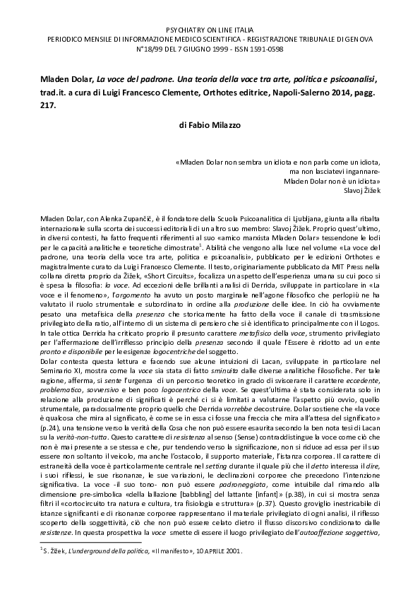 (DOC) Mladen Dolar, La voce del padrone. Una teoria della voce tra arte ...