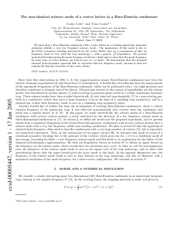 Pdf Nonclassical Scissors Mode Of A Vortex Lattice In A Bose Einstein Condensate