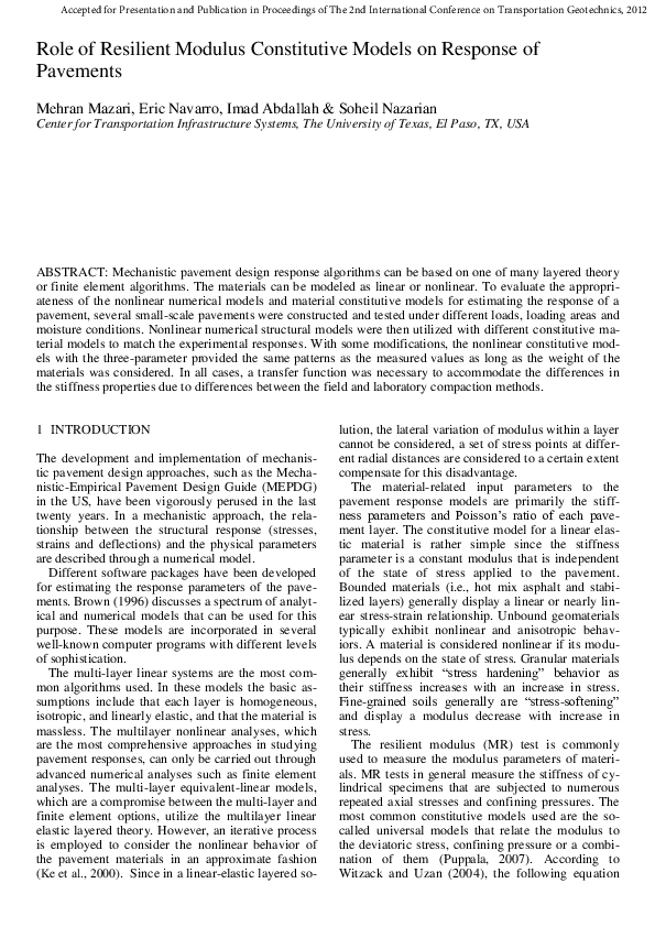 (PDF) Role of Resilient Modulus Constitutive Models on Response of Pavements