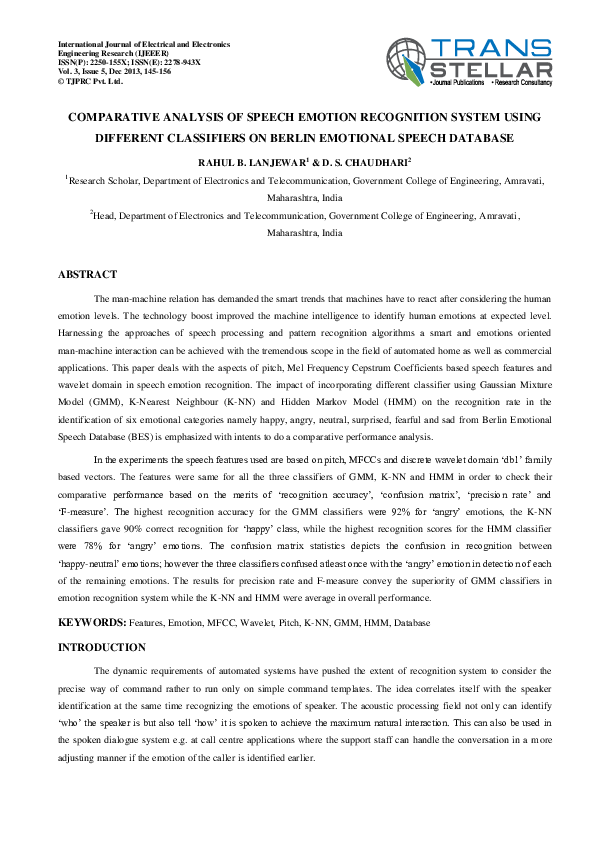 Pdf Comparative Analysis Of Speech Emotion Recognition System Using Different Classifiers On