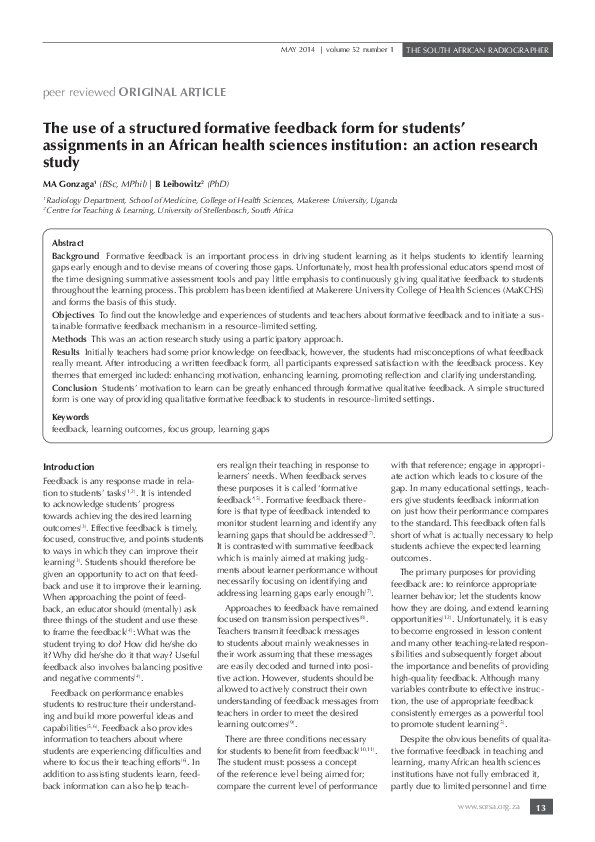 (PDF) The use of a structured formative feedback form for students' assignments in an African ...