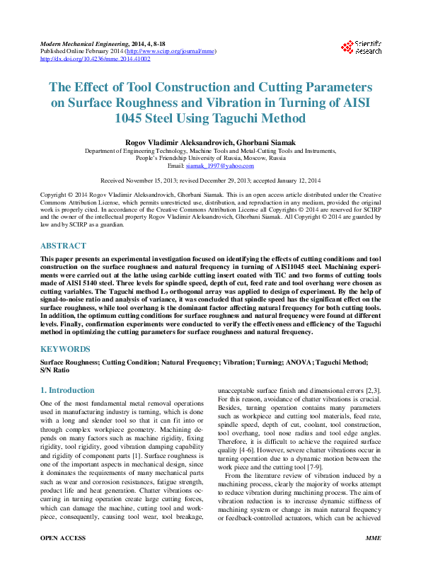 Pdf The Effect Of Tool Construction And Cutting Parameters On Surface Roughness And Vibration