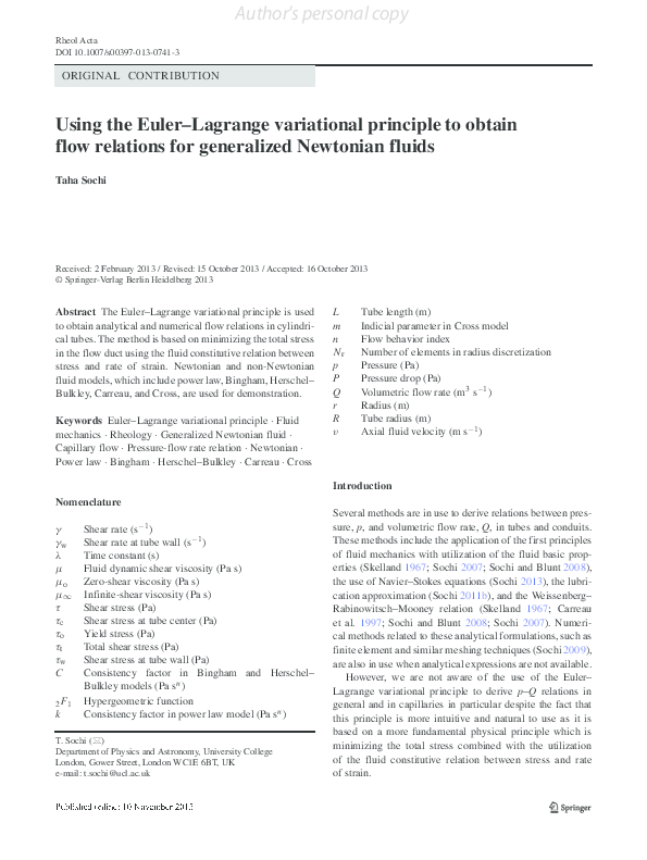 Using The Euler Lagrange Variational Principle To Obtain Flow Relations For Generalized