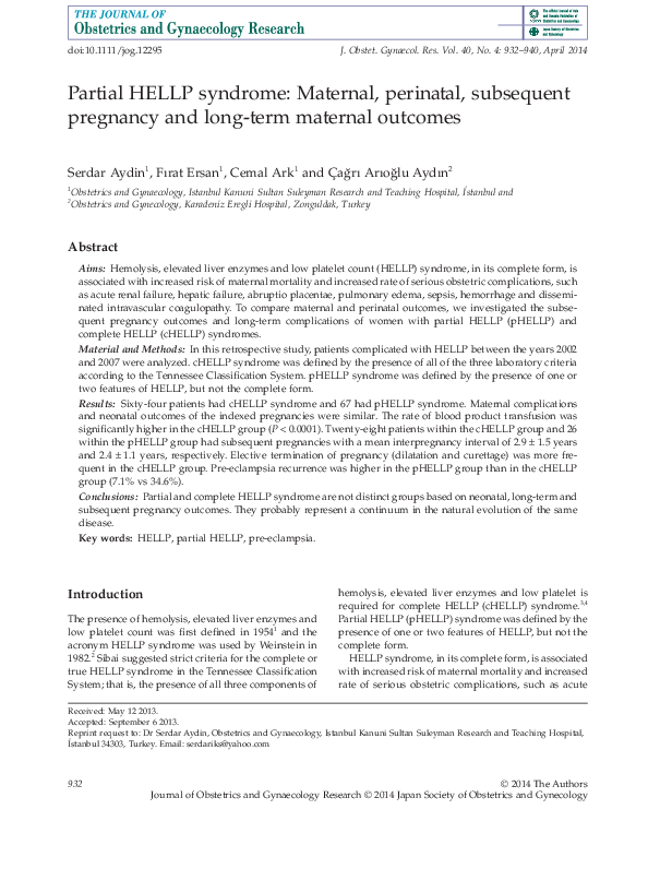 (PDF) Partial HELLP syndrome: Maternal, perinatal, subsequent pregnancy ...