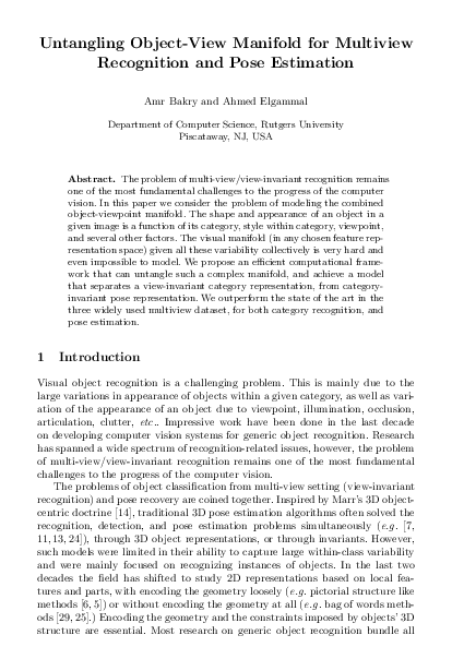 (PDF) Untangling Object-View Manifold for Multiview Recognition and Pose Estimation