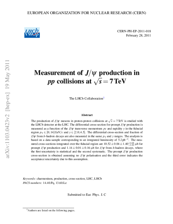 (PDF) Measurement of J/Psi production in pp collisions at sqrt{s}=7 TeV