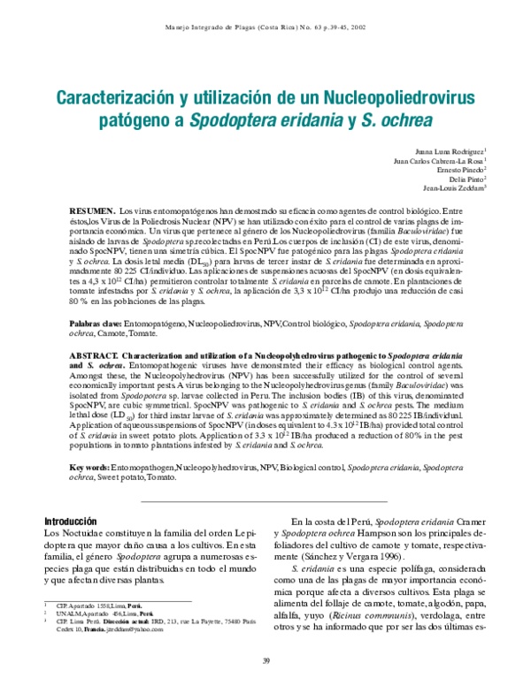 (PDF) Caracterizaci—n y utilizaci—n de un Nucleopoliedrovirus pat—geno a Spodoptera eridani a yS ...