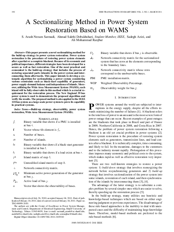 (PDF) A Sectionalizing Method in Power System Restoration Based on WAMS