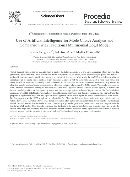 (PDF) Use of Artificial Intelligence for Mode Choice Analysis and Comparison with Traditional ...