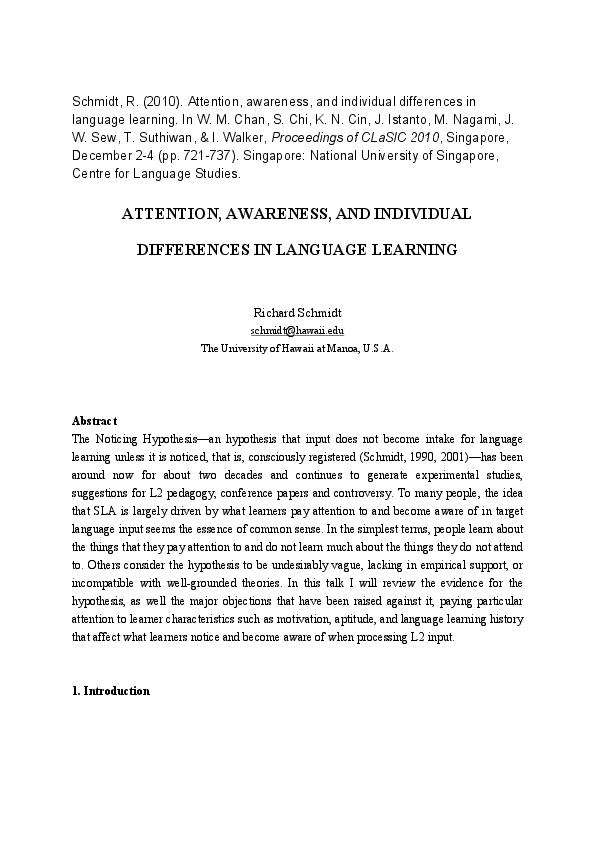 (PDF) ATTENTION, AWARENESS, AND INDIVIDUAL DIFFERENCES IN LANGUAGE LEARNING