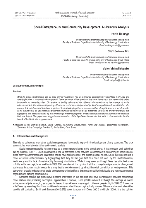 (PDF) Social Entrepreneurs and Community Development. A Literature Analysis