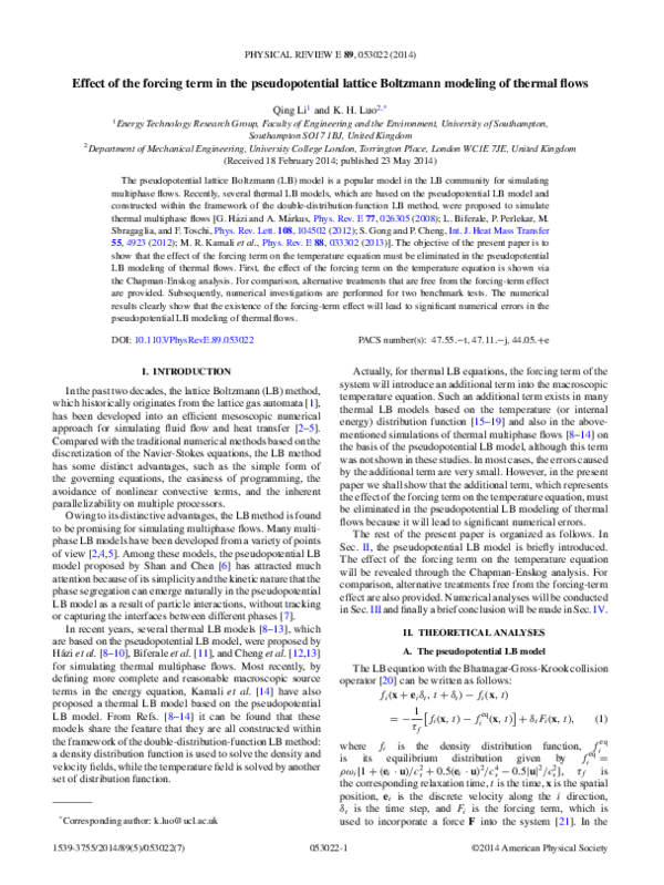 (PDF) Effect of the forcing term in the pseudopotential lattice Boltzmann modeling of thermal flows
