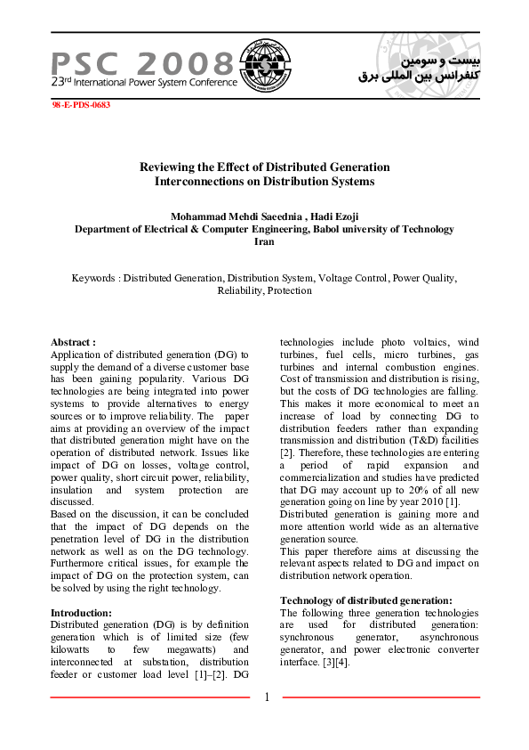 Pdf Reviewing The Effect Of Distributed Generation Interconnections On Distribution Systems