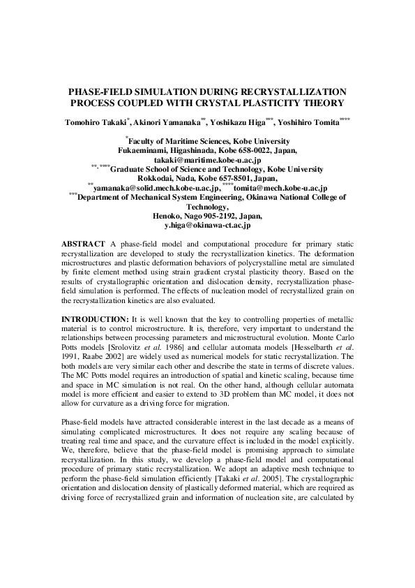 (PDF) PHASE-FIELD SIMULATION DURING RECRYSTALLIZATION PROCESS COUPLED WITH CRYSTAL PLASTICITY THEORY