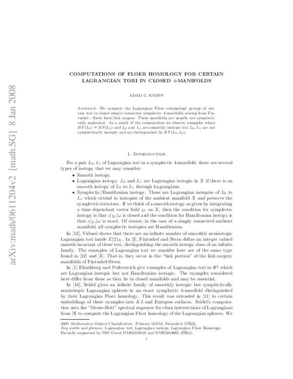 (PDF) Computations of Floer Homology for certain Lagrangian Tori in closed 4-manifolds