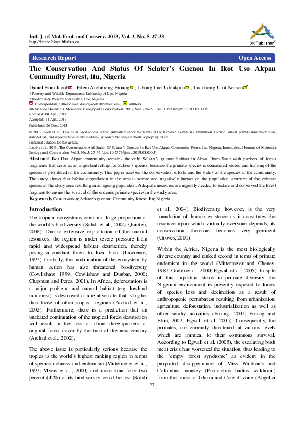(PDF) The Conservation and Status of Sclater's Guenon in Ikot Uso Akpan ...
