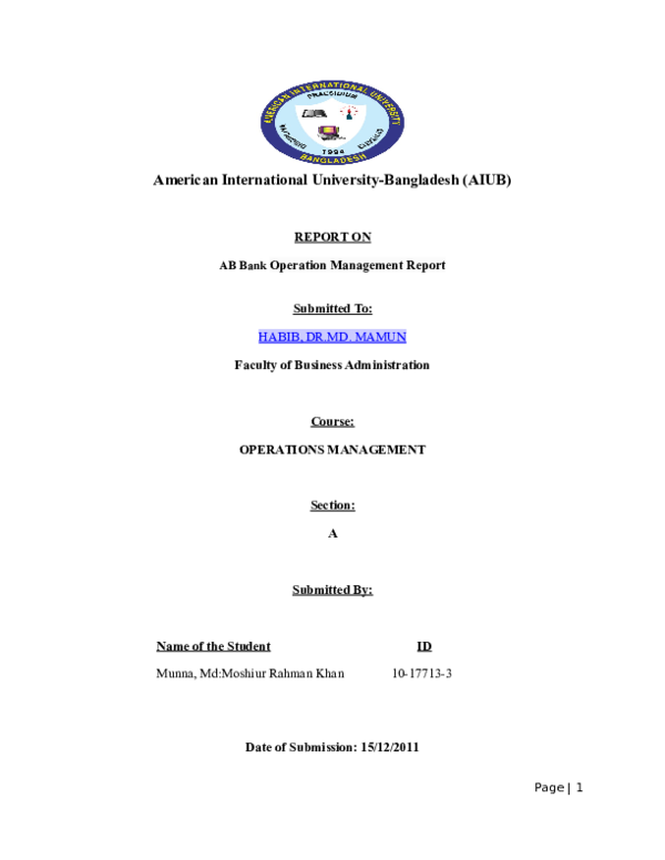 (DOC) AB Bank Operation Management Report