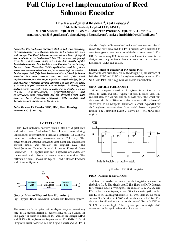 (PDF) Full Chip Level Implementation of Reed