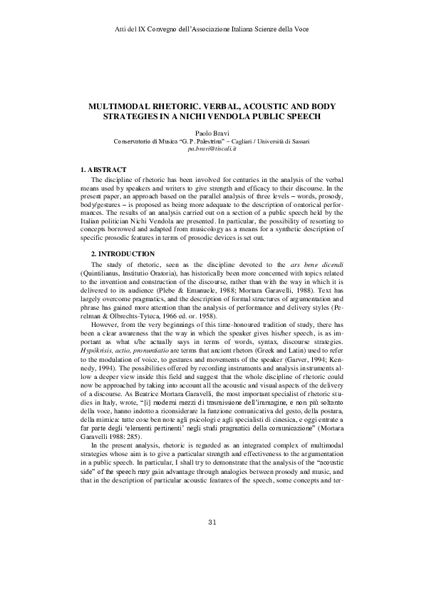Multimodal Rhetoric. Verbal, acoustic and body strategies in a Nichi ...