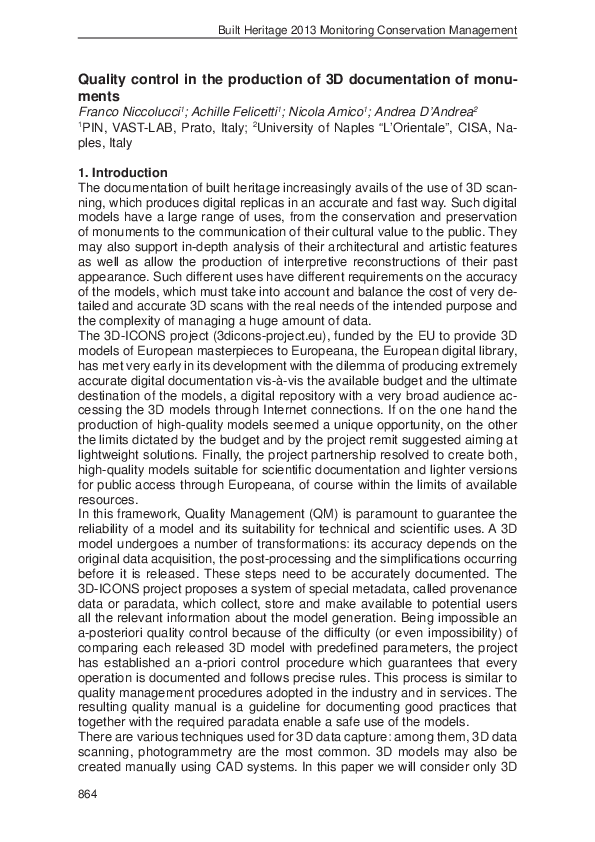 (PDF) Quality control in the production of 3D documentation of monuments